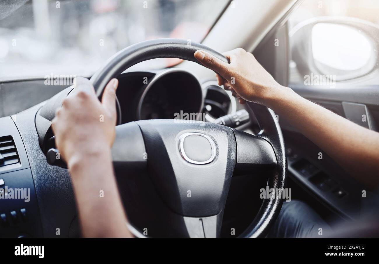 Drive, hands on steering wheel and travel with person in car for ...