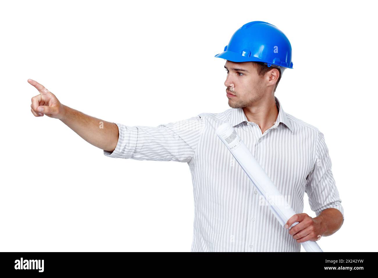 Construction, man and blueprint with pointing in studio with ...