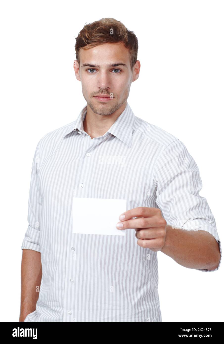 Studio, blank business card and portrait of man with mockup ...