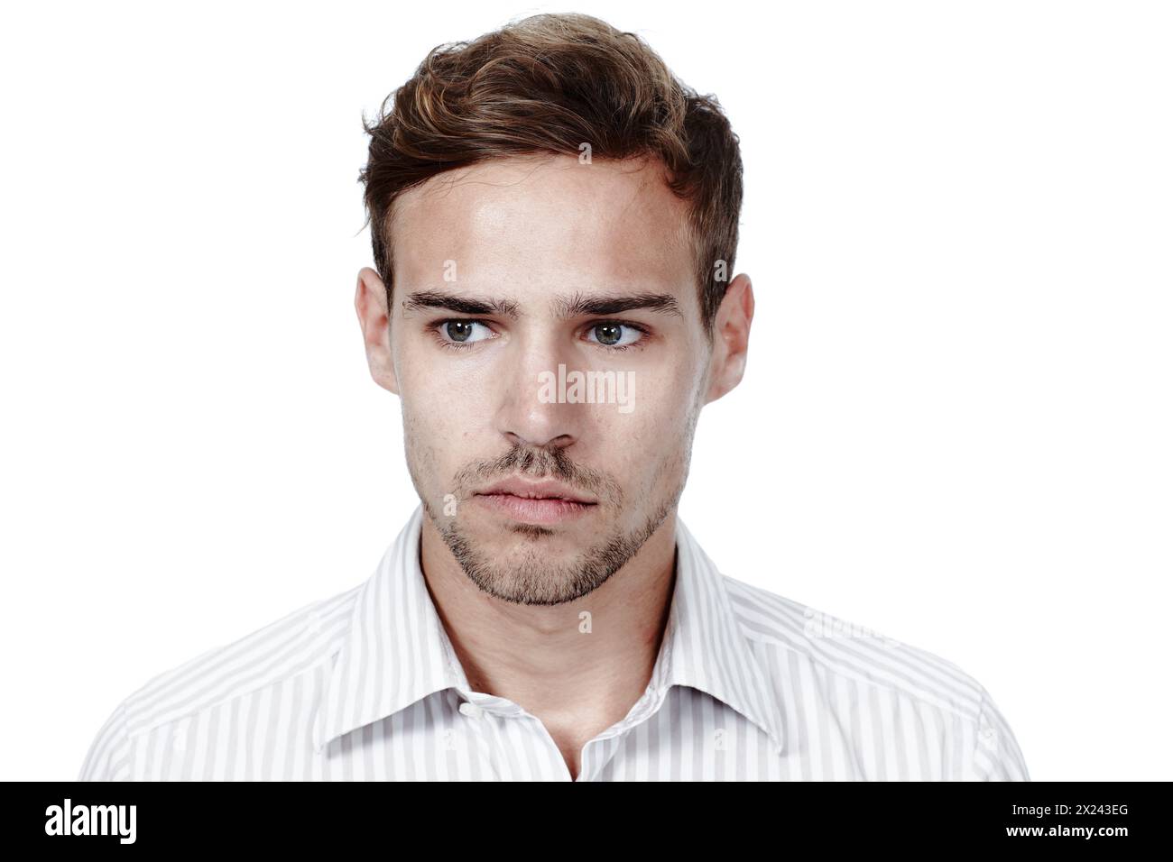 Man, thinking and sad with serious face, confused and solution isolated ...