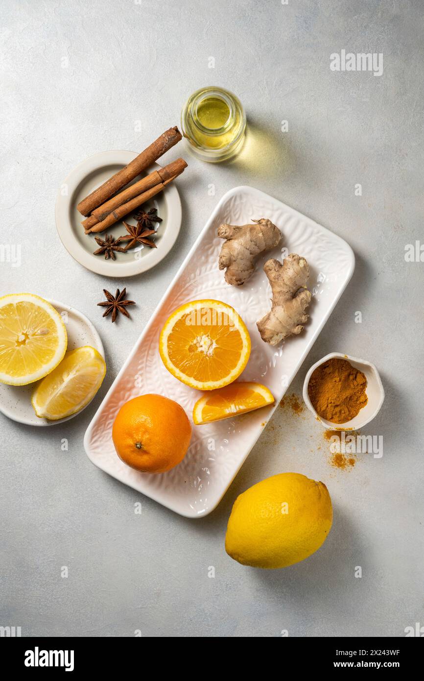 Ingredients for immune-boosting citrus ginger juice Stock Photo - Alamy