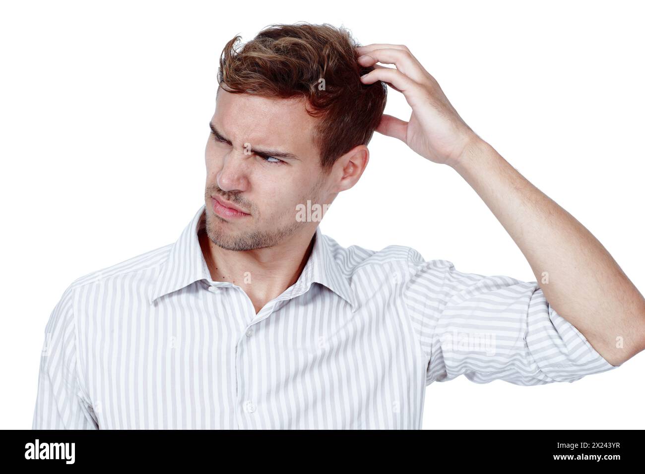 Thinking, confused and man scratching head in studio for solution ...