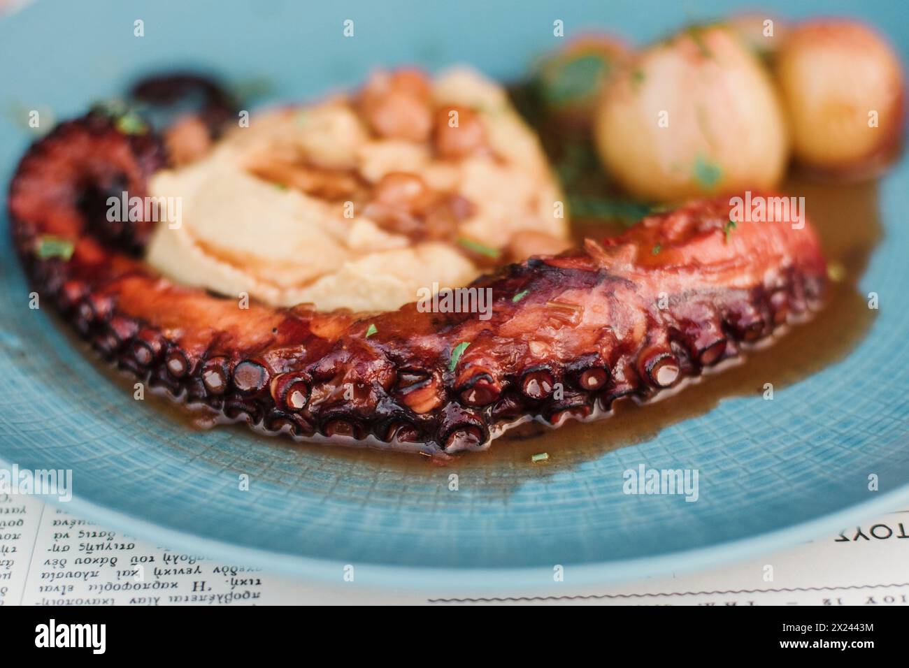 Octopus with chickpea puree and red wine jus Stock Photo - Alamy