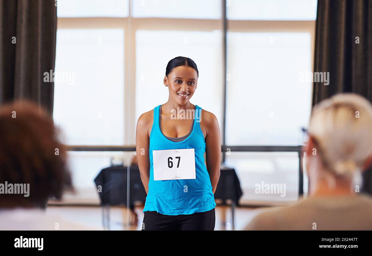 Black woman, dancer and smile with audition for competition with judges ...