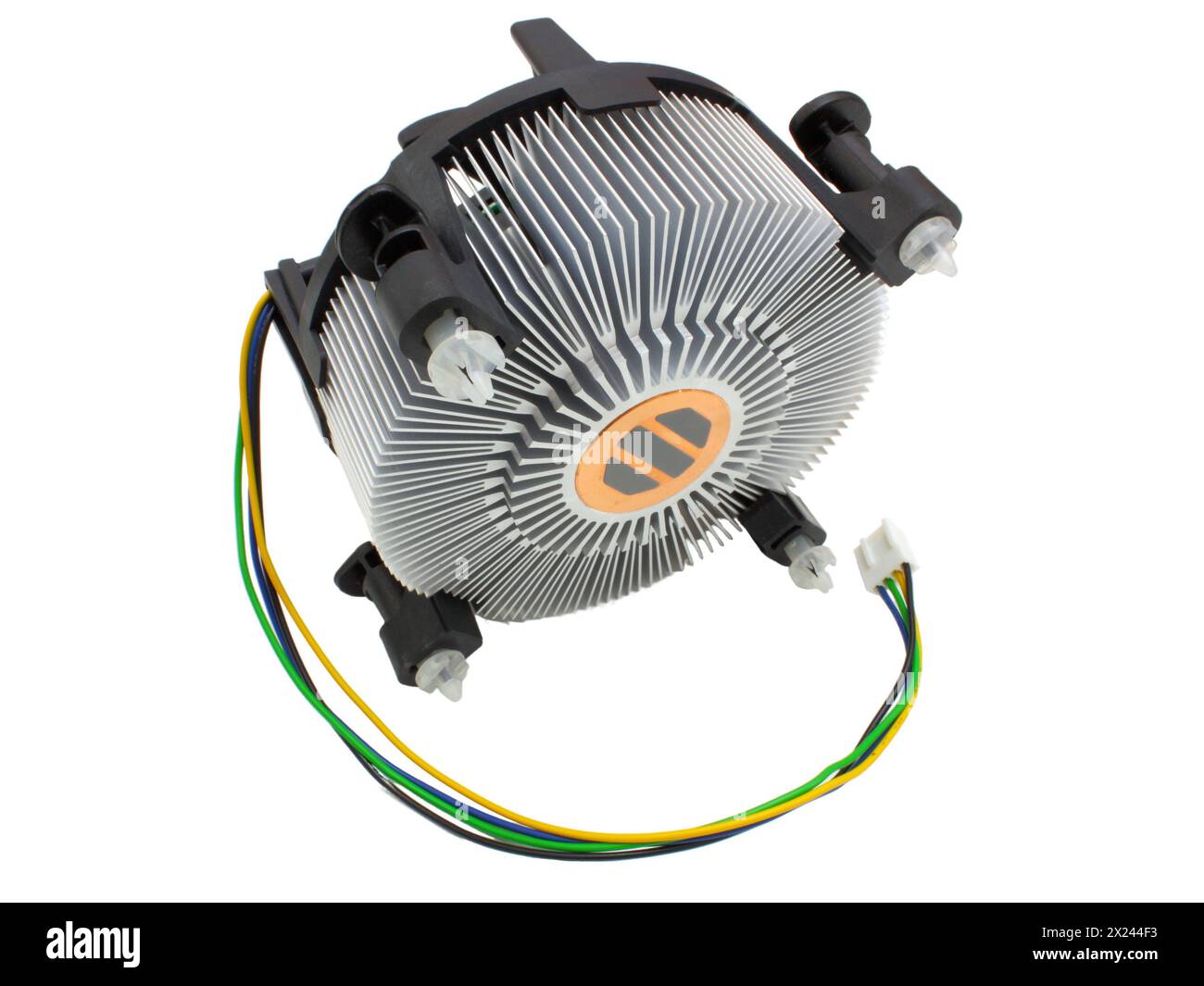 Close-up of CPU stuck to cooler heatsink isolated on white background ...