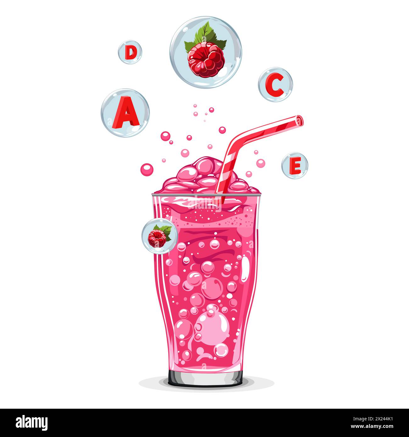 Healthy pink raspberries oxygen cocktail with air bubbles. Isolated ...