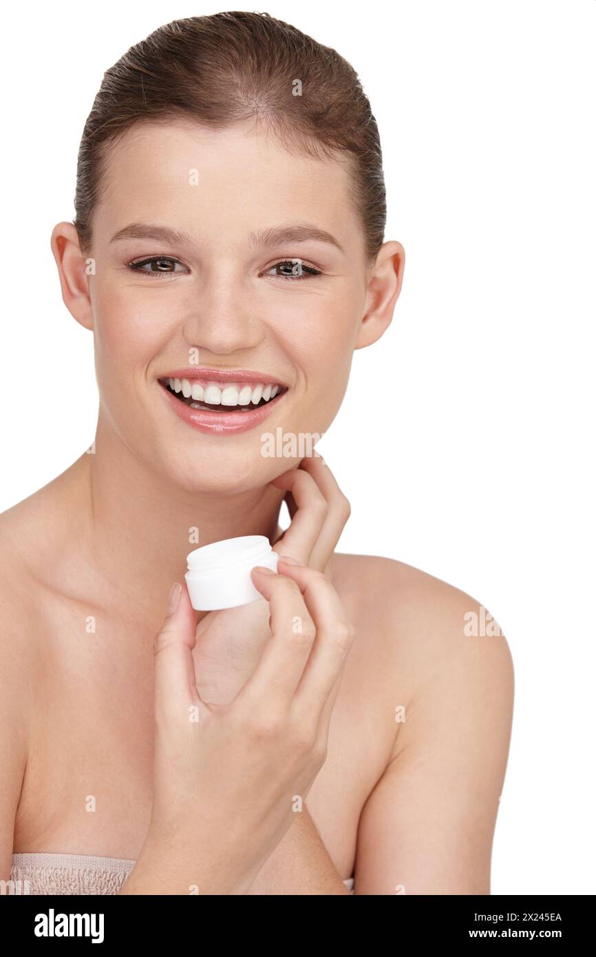 Woman, face cream and product logo in studio portrait for cosmetics ...