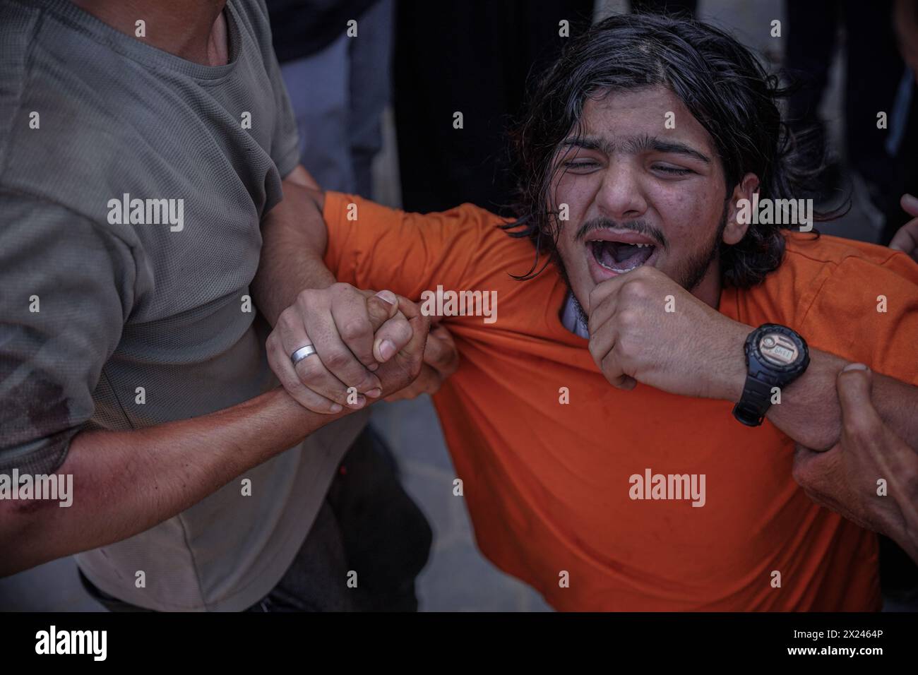 Gaza, Gaza, Palestine. 19th Apr, 2024. A Palestinian youth screams and ...