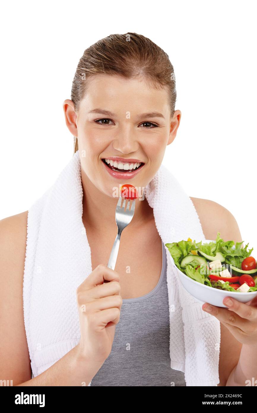 Healthy, salad and portrait, girl and studio for eating, white ...