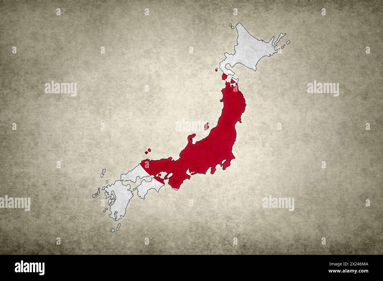 Grunge map of Japan with its flag printed within its border on an old ...