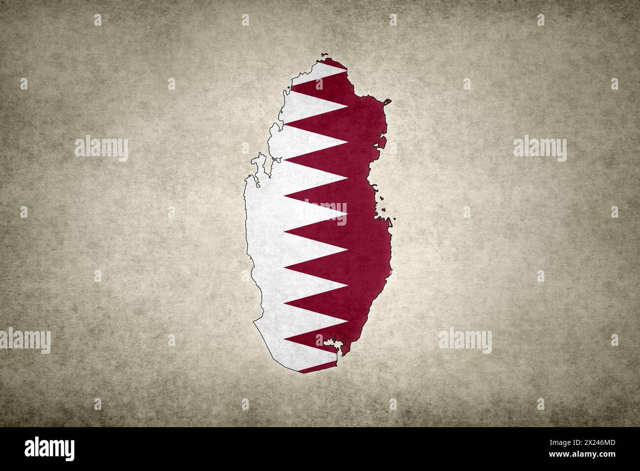 Grunge map of Qatar with its flag printed within its border on an old ...
