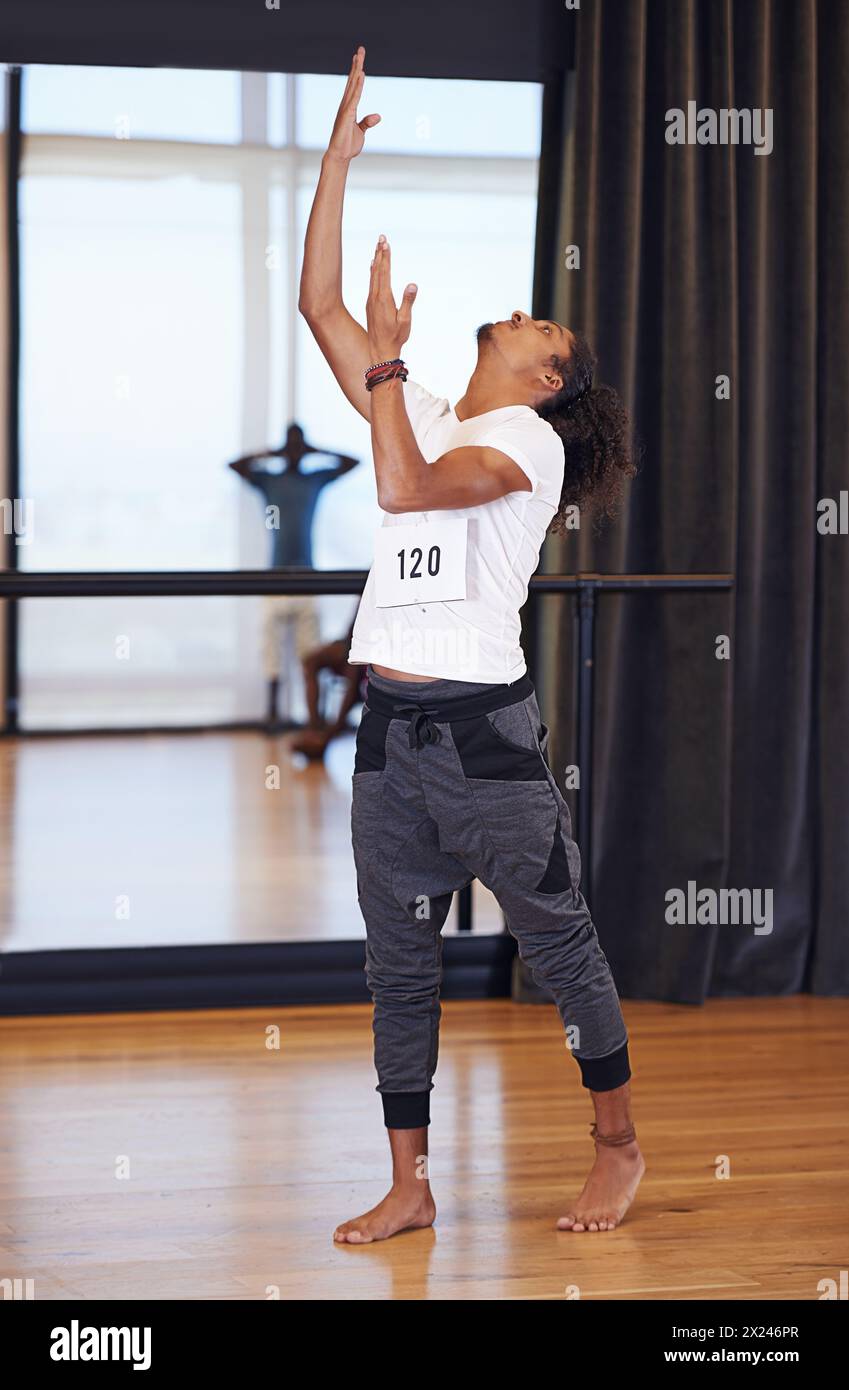 Man, dance and movement in studio for audition, performance or artistic ...