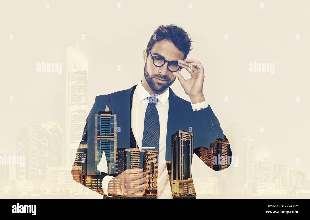 Portrait, businessman and double exposure for architecture, design or ...