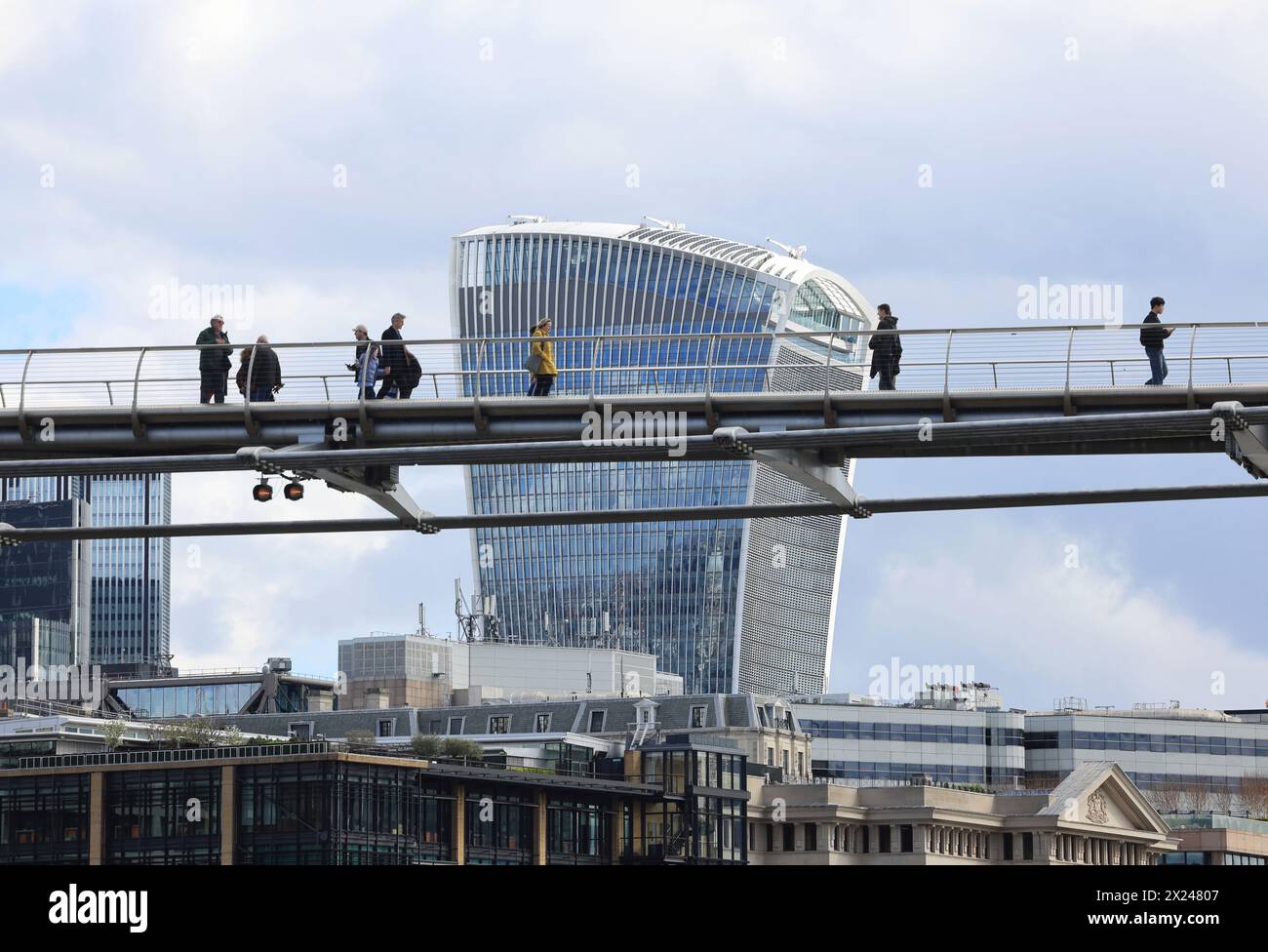 People walking across the Millennium or wobbly Bridge, with the Walkie ...