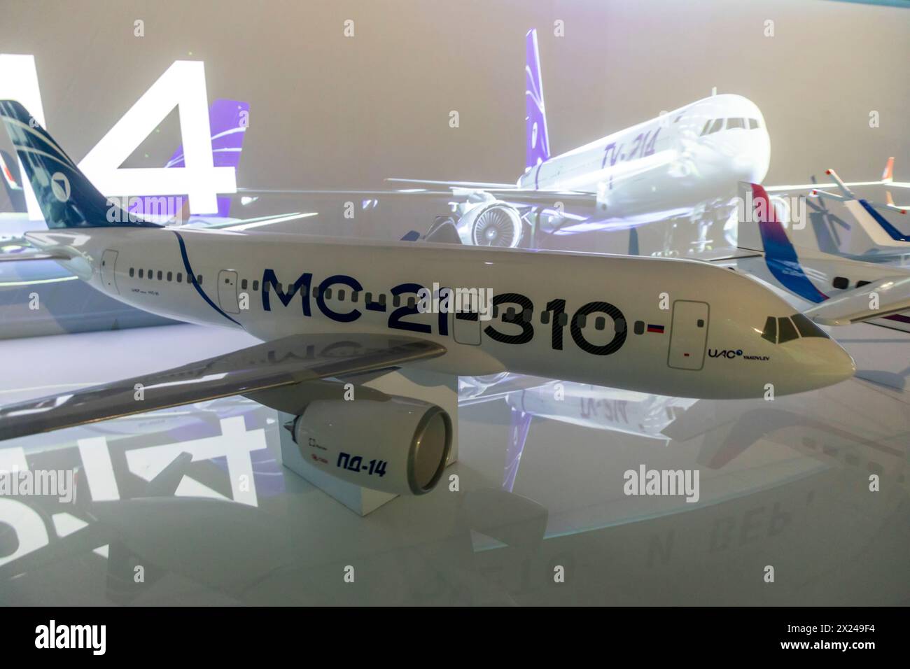 Moscow, Russia. 19th of April, 2024. A mockup of an Irkut MC-21-310 airliner is on display at ...