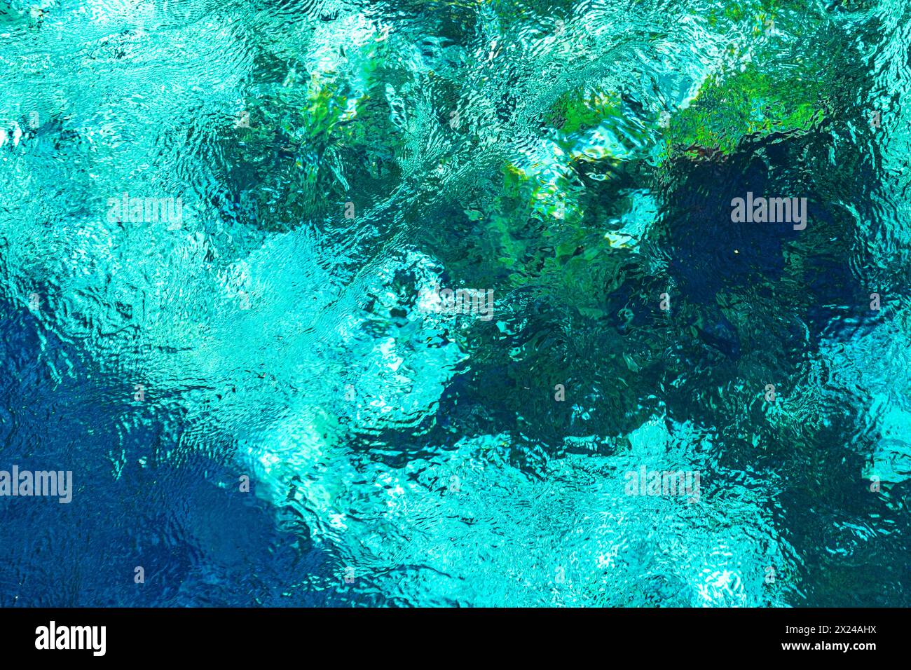 Turquoise and green water in the spring water of the blue eye lake in ...