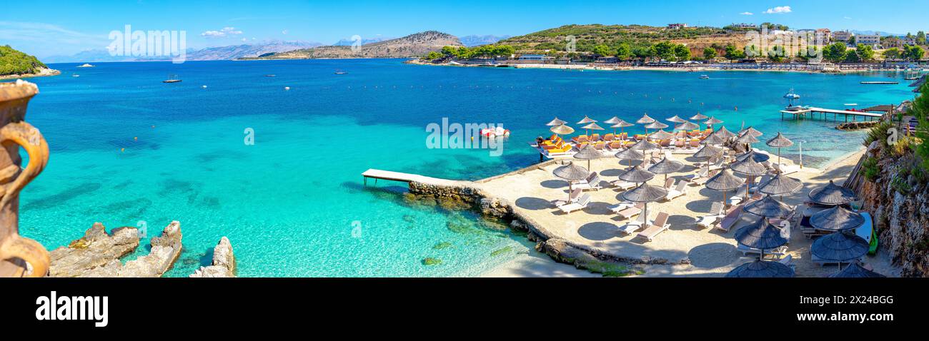Leisure platform under crystal clear waters with an islet in the ...