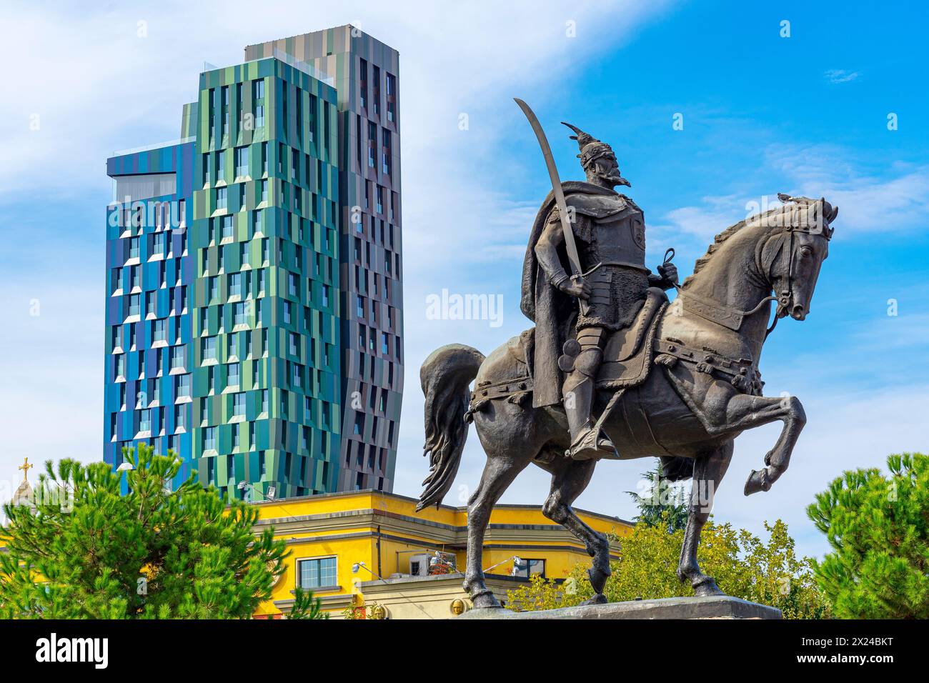 Equestrian statue of Skanderberg in the central square in the capital ...