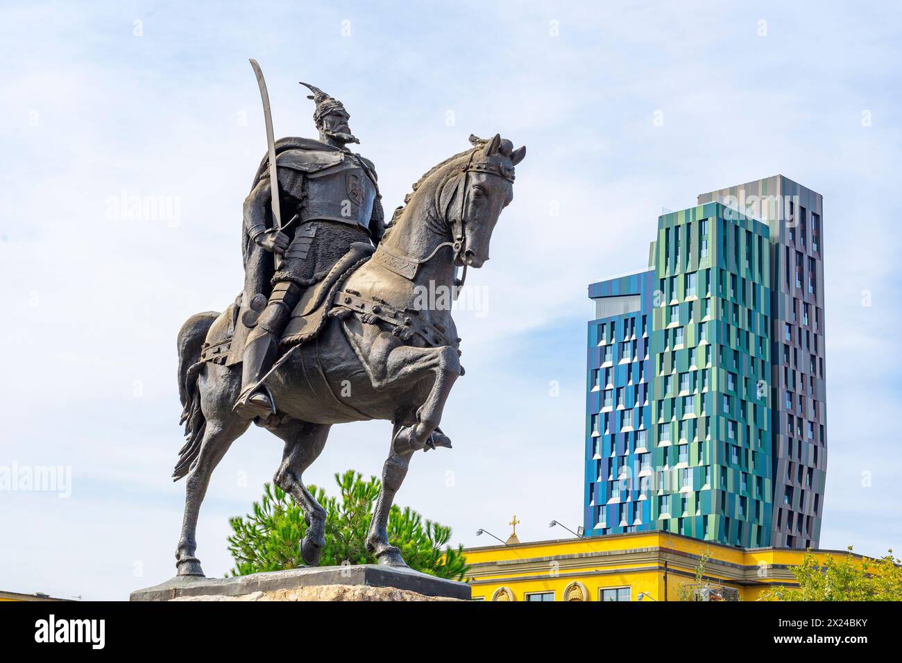 Equestrian statue of Skanderberg in the central square in the capital ...