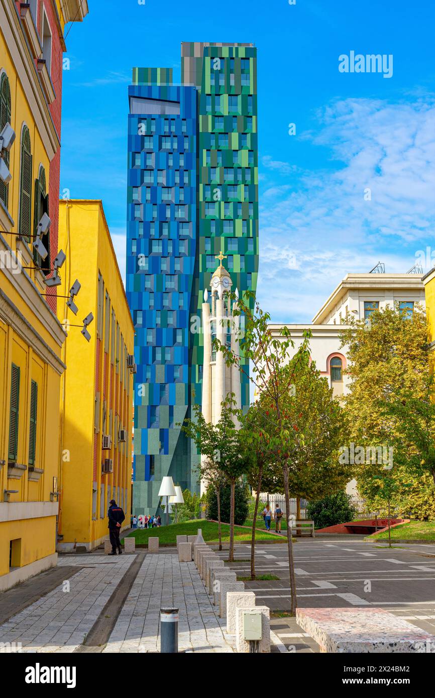 Forever green tower seen from Skanderberg square in the center of the ...
