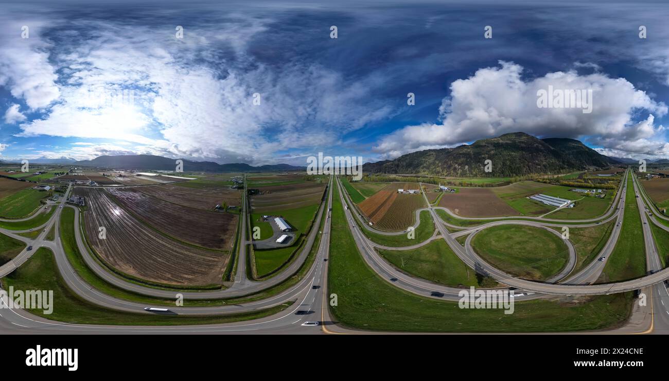 Aerial 360 Panorama of Highway, Farms and Mountain Landscape Stock ...