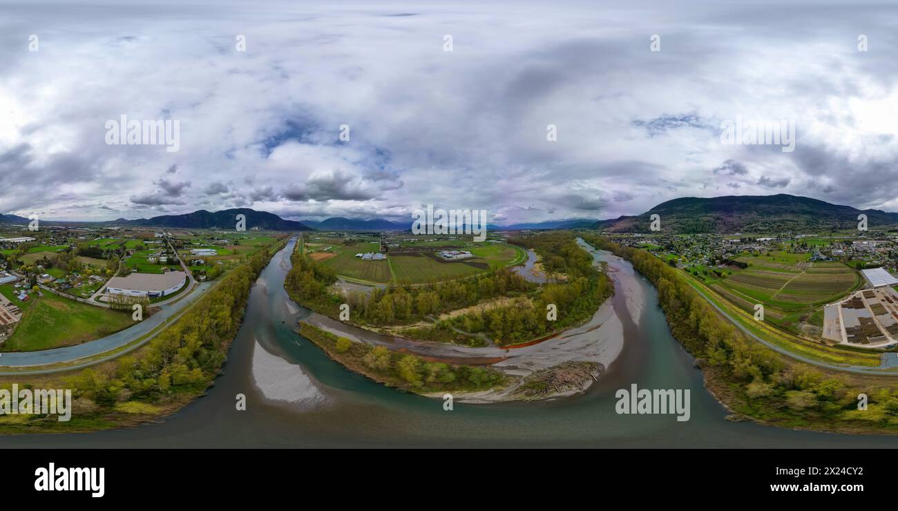 Aerial 360 Panorama of River, Farms and Mountain Landscape Stock Photo - Alamy