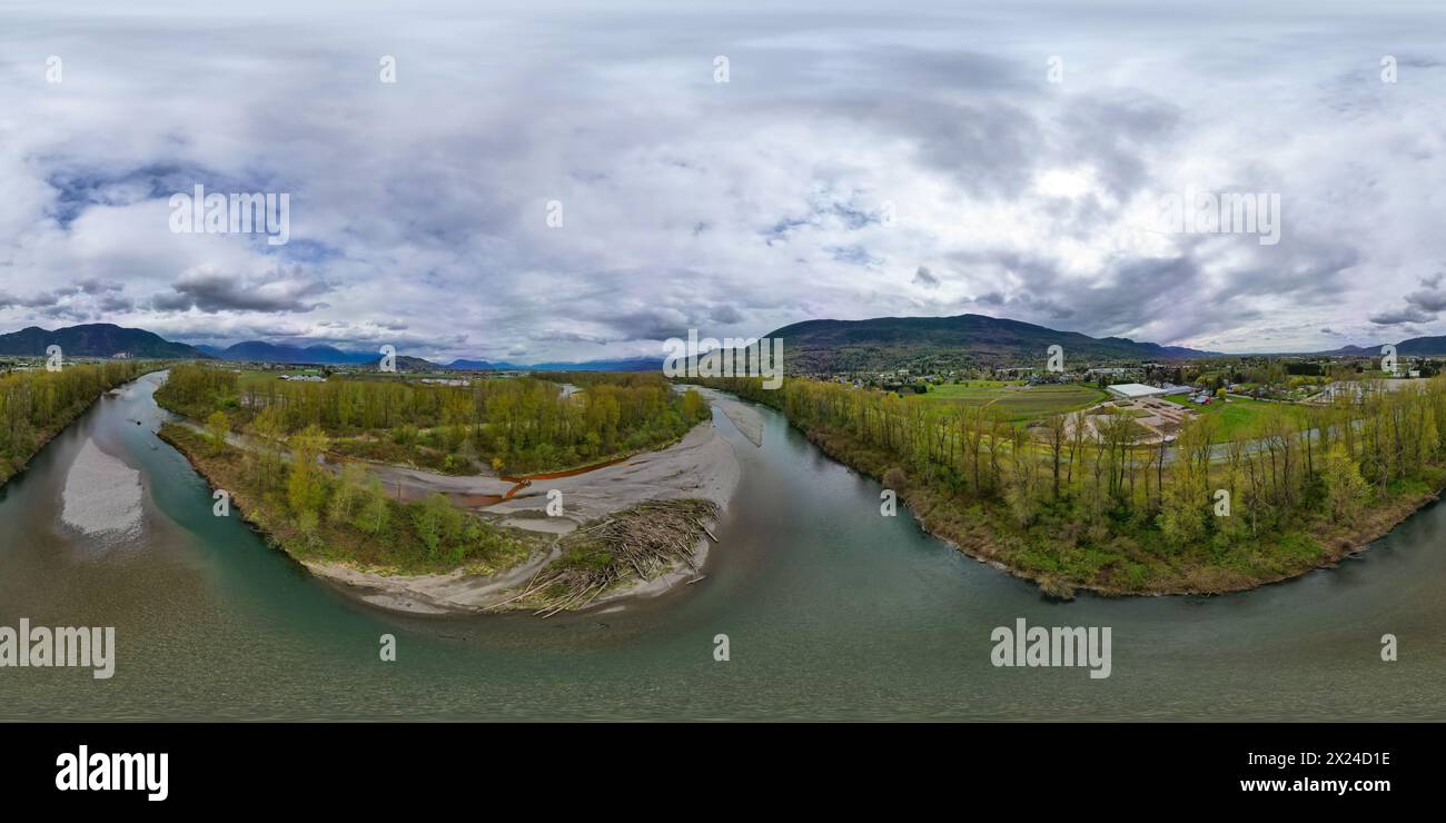 Aerial 360 Panorama of River, Farms and Mountain Landscape Stock Photo ...