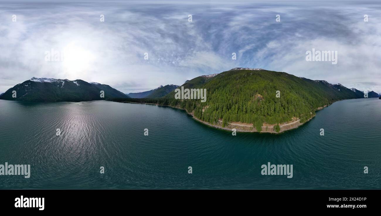 Aerial 360 view of Lake and Mountains. Cloudy Sky Stock Photo - Alamy