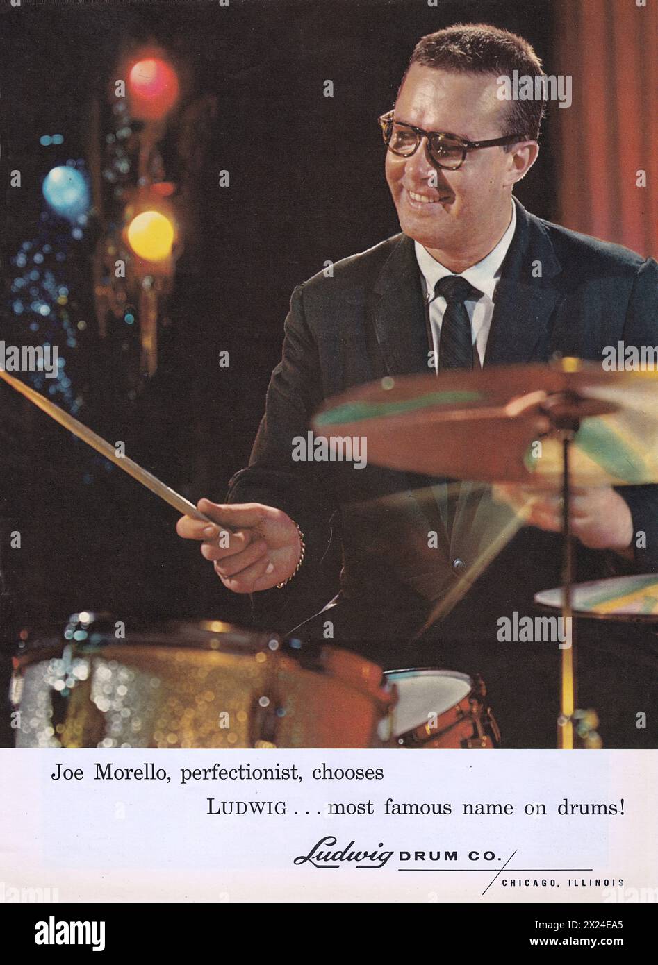 An ad for Ludwig drums from a 1960 magazine featuring Brubeck drummer, Joe Morello Stock Photo ...