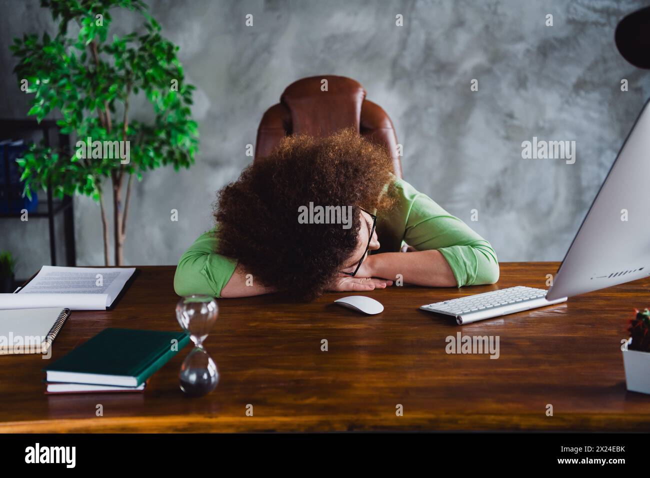 Photo of tired lovely sleepy woman relax rest hard work day sitting in ...