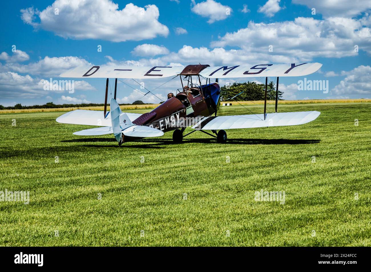 G-EMSY 1930s De Havilland Gypsy Major aircraft taxiing down the grass ...