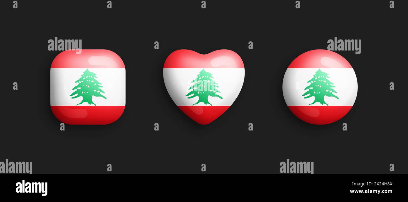 Lebanon Official National Flag 3D Vector Glossy Icons In Rounded Square ...