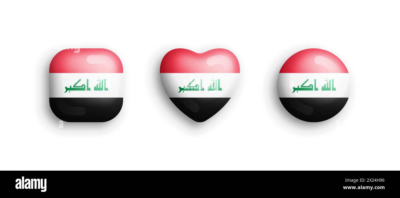Iraq Official National Flag 3D Vector Glossy Icons In Rounded Square ...