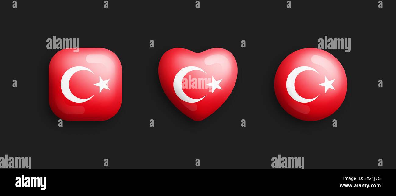 Turkey Official National Flag 3D Vector Glossy Icons In Rounded Square ...