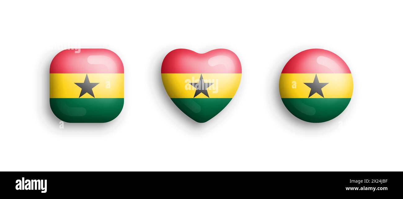 Ghana Official National Flag 3D Vector Glossy Icons In Rounded Square ...