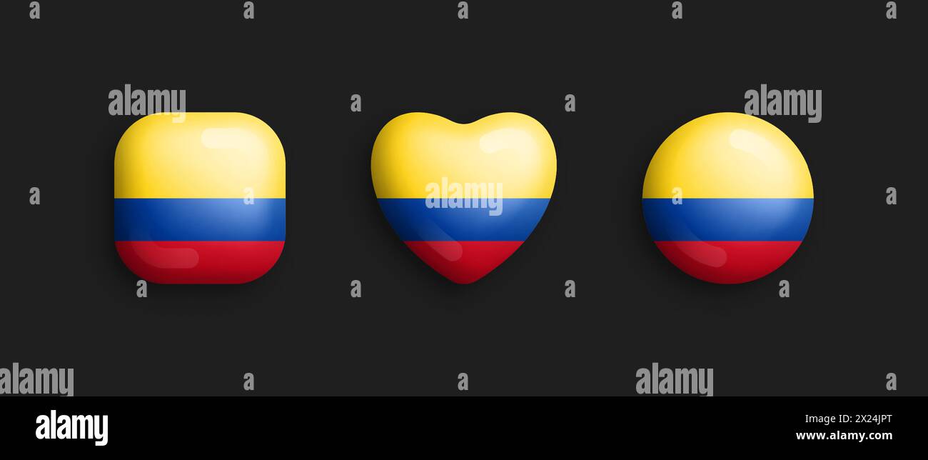 Colombia Official National Flag 3D Vector Glossy Icons In Rounded Square, Heart And Circle ...