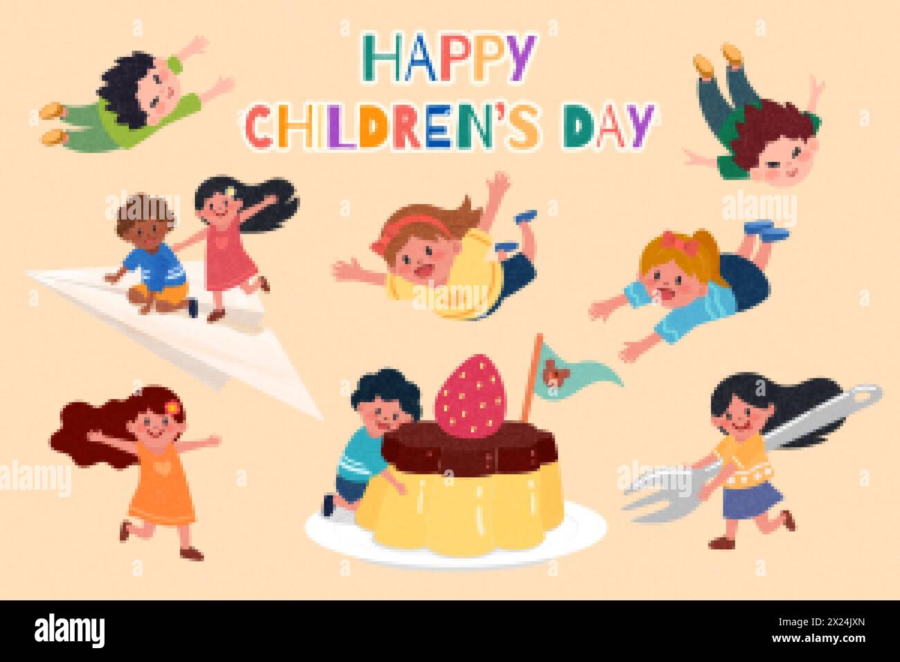 Elements of children in short sleeves flying, playing, and getting ...