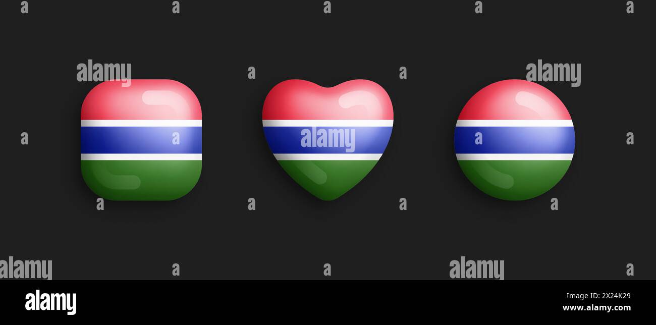 Gambia Official National Flag 3D Vector Glossy Icons In Rounded Square ...