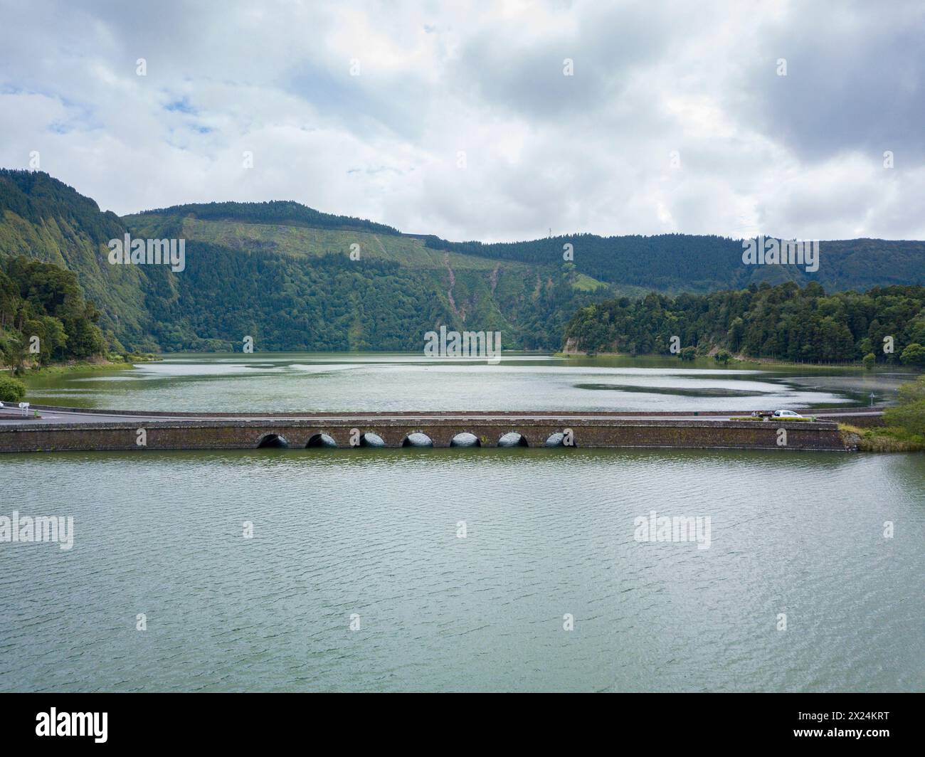 Aerial view of Sete Cidades Lake and bridge. Island of São Miguel ...