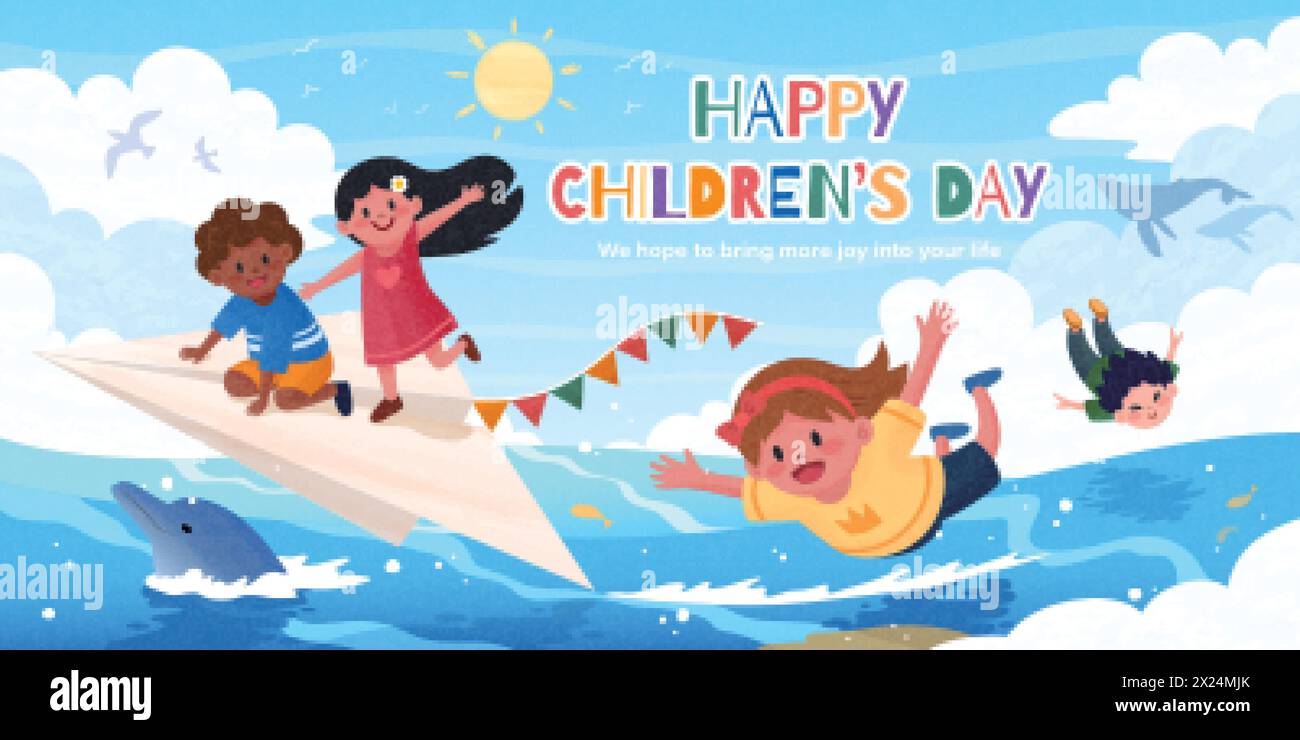 Illustration of two kids riding a paper airplane and other kids soaring ...