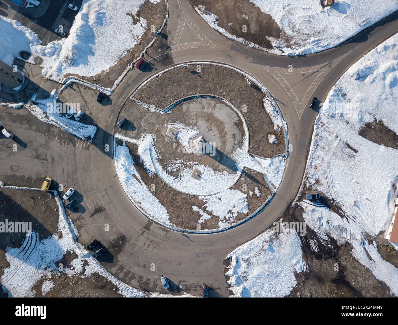 Aerial view from top down of the road with roundabout at Torre in Serra ...