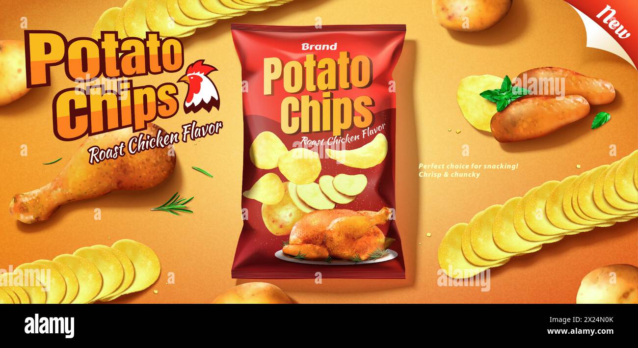 Roast chicken potato chips ad. Flat lay of 3D tasty seasoned chips with ...
