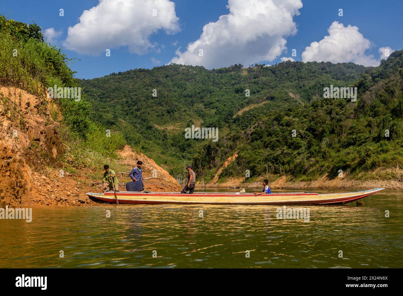 NAM OU, LAOS - NOVEMBER 23, 2019: Boat at Nam Ou river in Phongsali ...