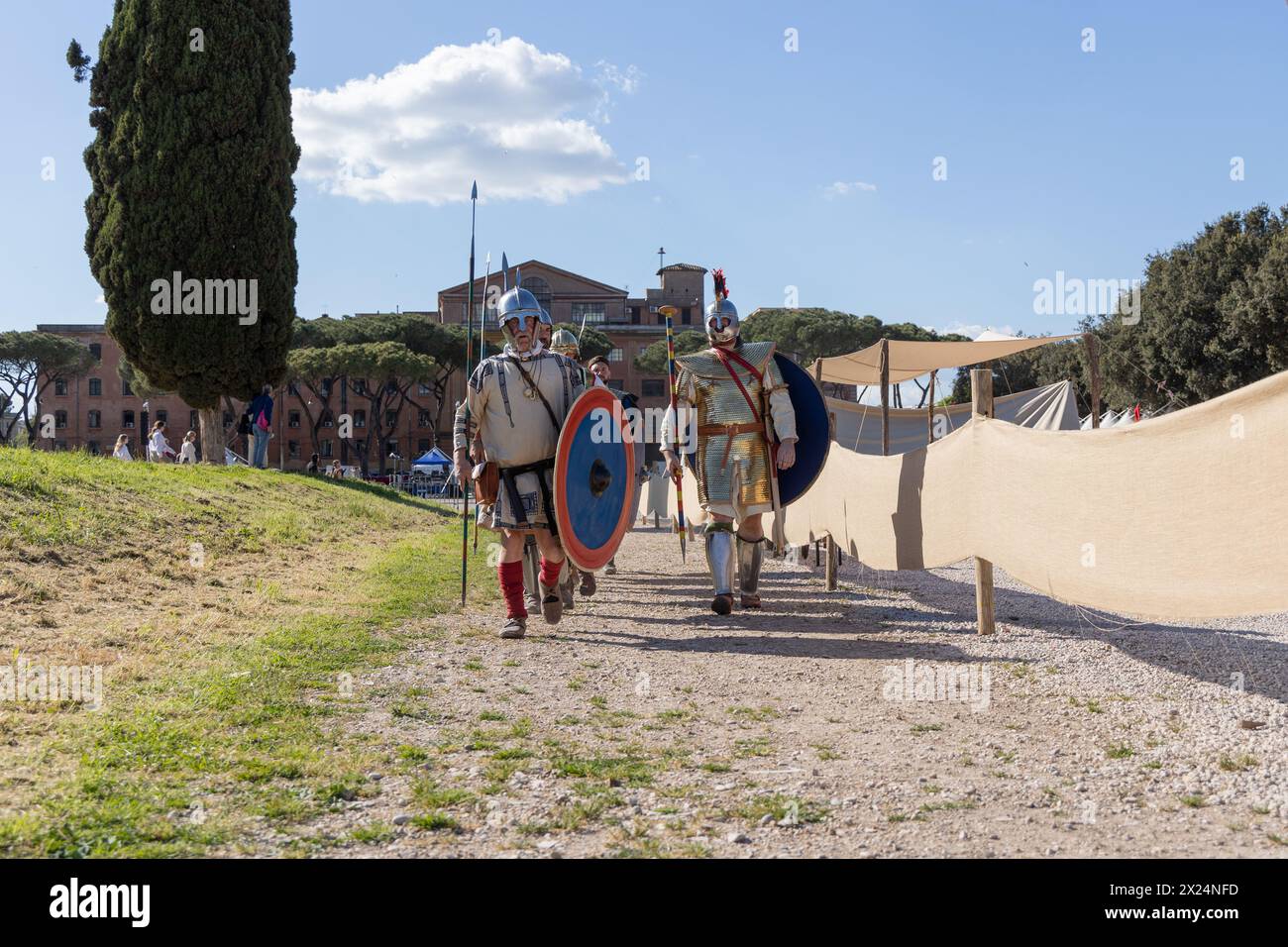 Men dressed as Roman soldiers at the Circus Maximus during the staging ...