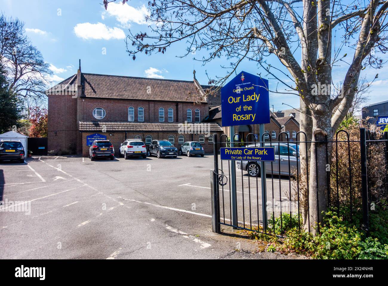 Entrance into the car park of 'Our Lady of the Rosary', a catholic ...