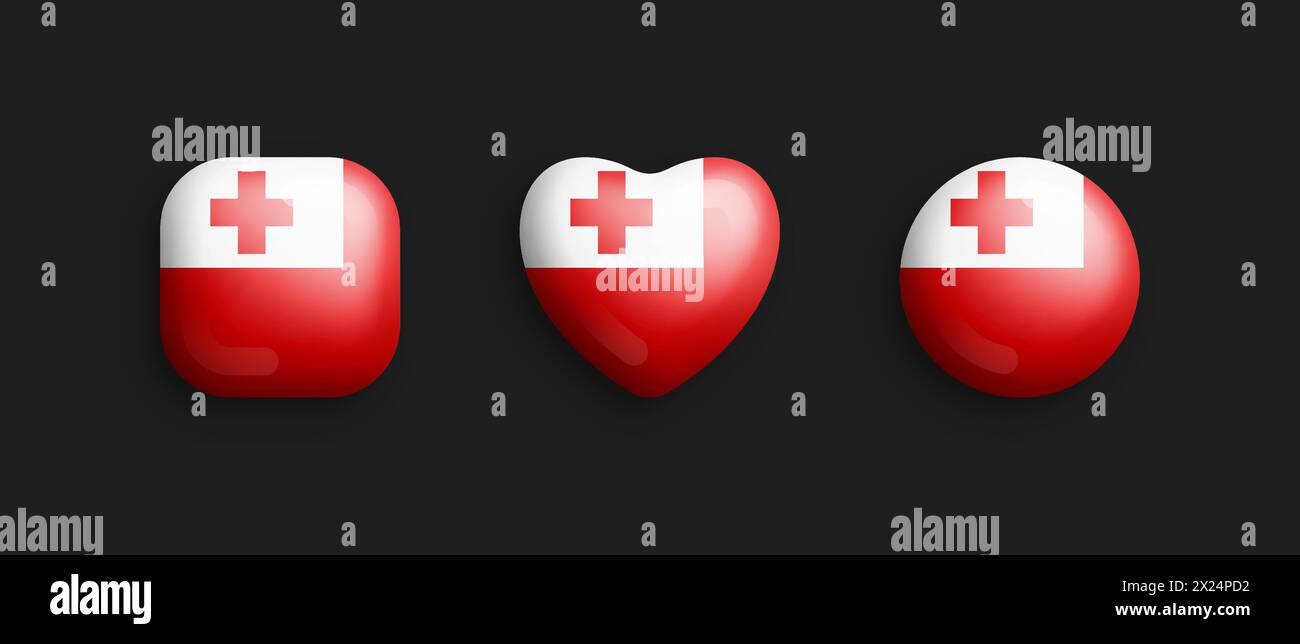 Tonga Official National Flag 3D Vector Glossy Icons In Rounded Square ...