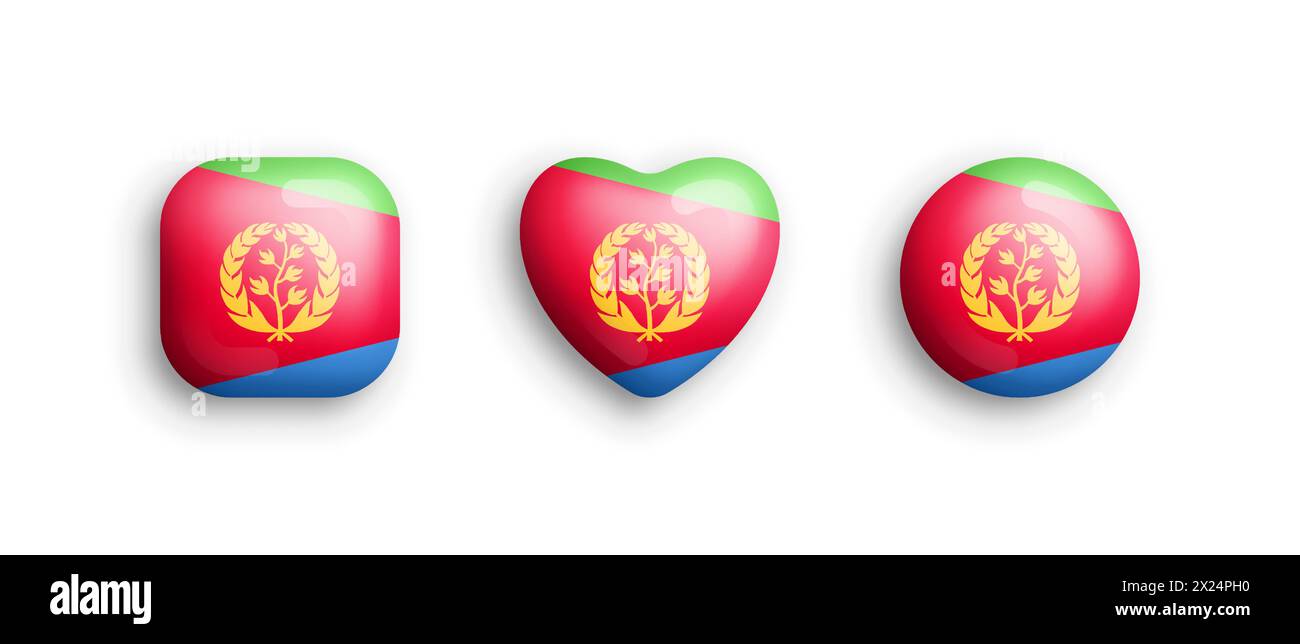 Eritrea Official National Flag 3d Vector Glossy Icons In Rounded Square Heart And Circle Form
