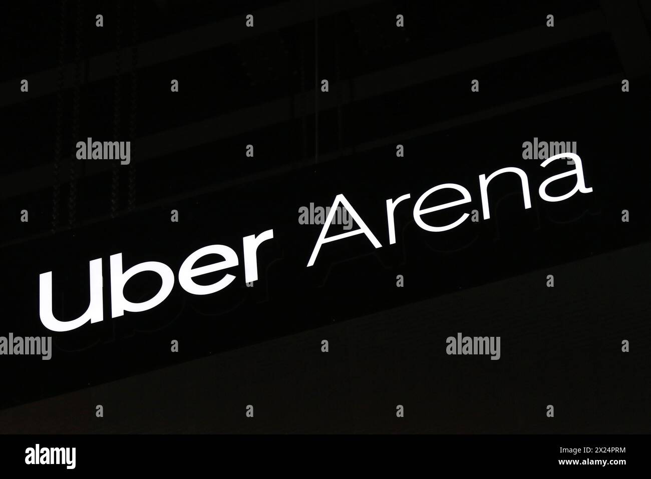Berlin, Germany - April 4, 2024: UBER Arena logo under the roof of ...