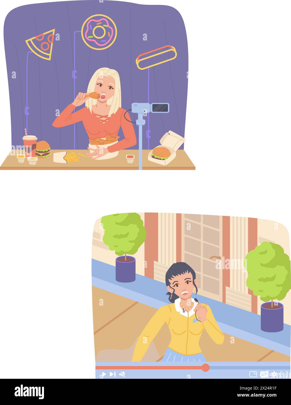 Girl vlogger streaming from the street. Stock vector illustration in ...