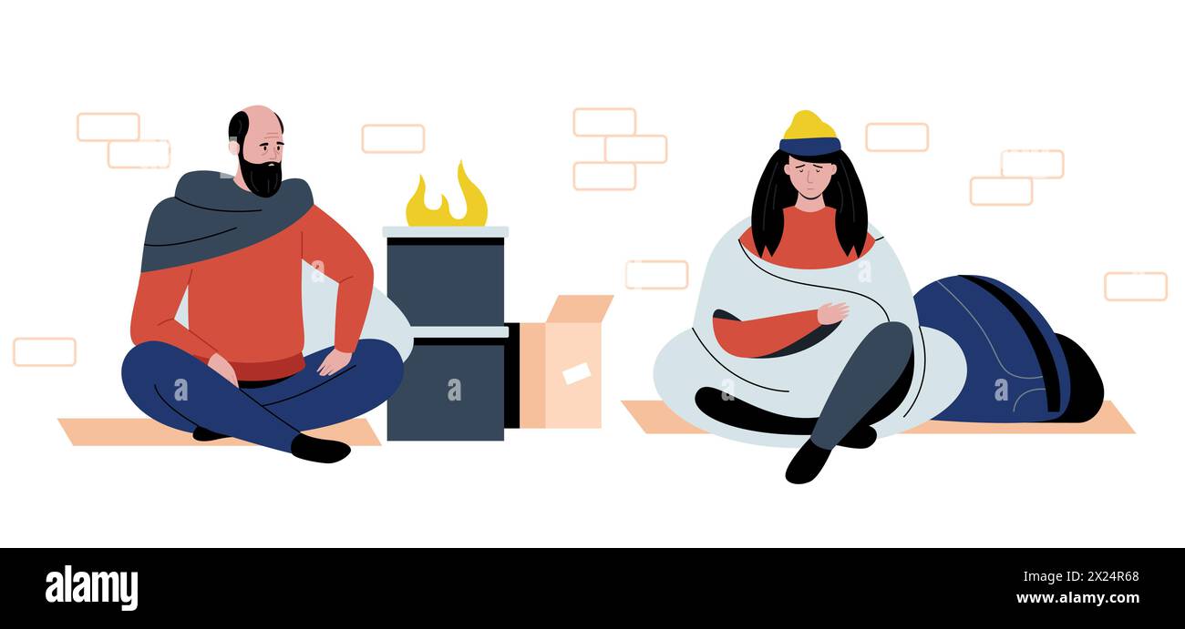 Homeless people sitting outside. Poor people in old clothing sitting on ...